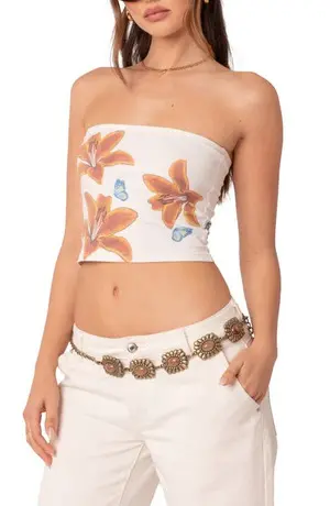EDIKTED Tiger Lily Print Cotton Tube Top - White