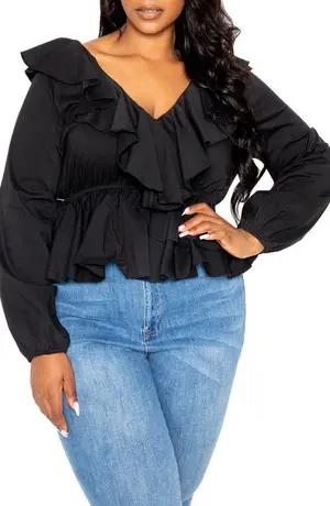 BUXOM COUTURE Ruffle Peplum Blouse - Black