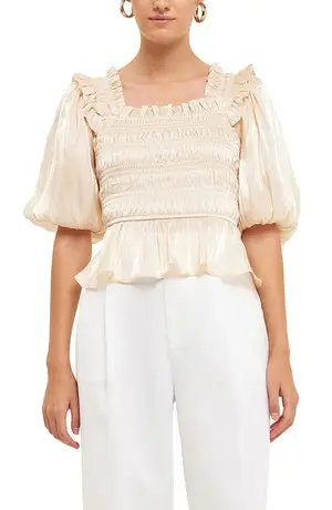 Endless Rose Sheen Smocked Blouse - Cream