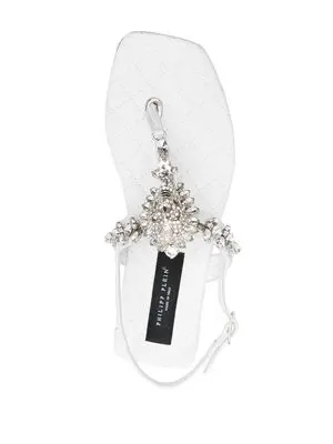 Philipp Plein Crystal Skull Flat Sandals - White