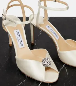 JIMMY CHOO Sacora 85 Embellished Satin Sandals - White