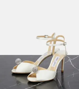 JIMMY CHOO Sacora 85 Embellished Satin Sandals - White