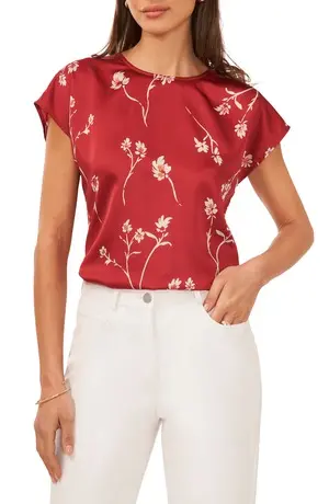 Halogen Print Cap-Sleeve Blouse Floral Earth Red