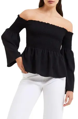 French Connection Smocked Off-the-shoulder Blouse - 01-black