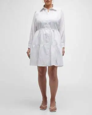 WHITNEY MORGAN Plus Size Tiered A-line Mini Shirtdress - White