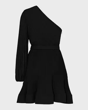 MILLY Linden Pleated One-shoulder Flounce Mini Dress - Black