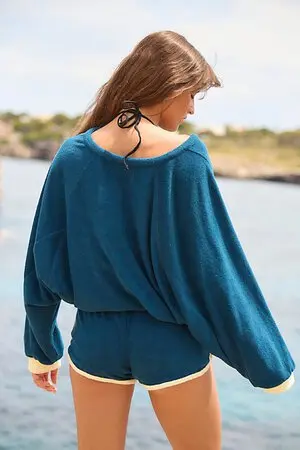 Free People Terry Knit Henley Romper With Dolman Sleeves And Contrast Piping