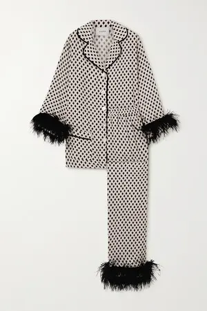 Sleeper Party Convertible Feather-trimmed Checked Woven Pajama Set