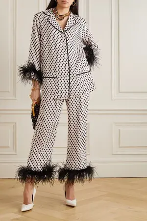 Sleeper Party Convertible Feather-trimmed Checked Woven Pajama Set