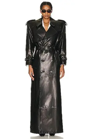 Saint Laurent Leather Trench Coat In Black