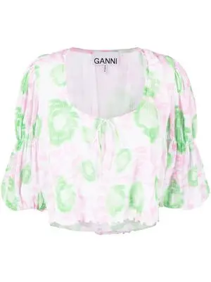 GANNI Floral-print Pleated Georgette Blouse - Pink