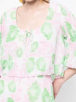 GANNI Floral-print Pleated Georgette Blouse - Pink