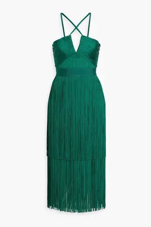 Herve Leger Natalia Fringed Bandage Midi Dress - Emerald