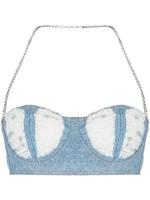 Gcds Ribbed Washed-denim Crop Top - Blue