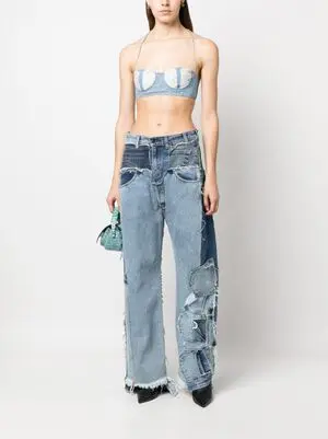 Gcds Ribbed Washed-denim Crop Top - Blue