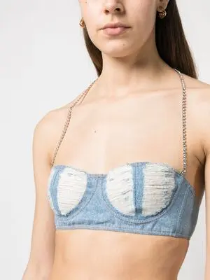Gcds Ribbed Washed-denim Crop Top - Blue