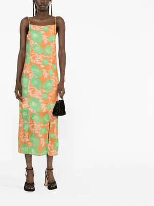 GANNI Floral-print Slip Midi Dress - Orange