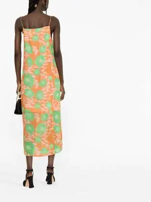 GANNI Floral-print Slip Midi Dress - Orange