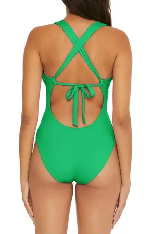 BECCA By Rebecca Virtue Modern Edge Ribbed Lace-up Plunge One-piece Swimsuit - Verde