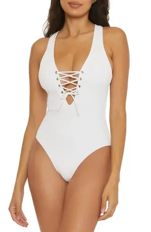 BECCA By Rebecca Virtue Becca Modern Edge Ribbed Lace-up Plunge One-piece Swimsuit White
