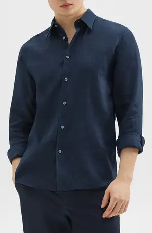 Theory Irving Solid Linen Button-up Shirt Baltic