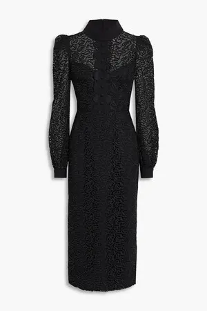 Elie Saab Belted Macramé Lace Midi Dress - Black