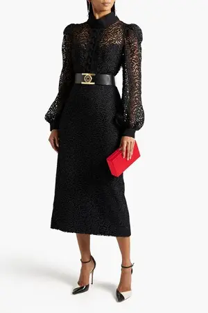 Elie Saab Belted Macramé Lace Midi Dress
