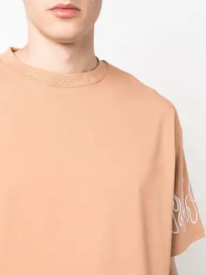 VISION OF SUPER Flame-embroidered Cotton T-shirt - Brown