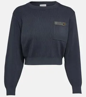 Brunello Cucinelli Cropped Ribbed Knit Cotton Sweater - Blue