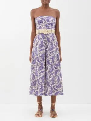 Zimmermann Zimmermann - Devi Paisley-print Linen Jumpsuit - Womens - Blue Cream - Blue Cream