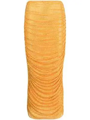 SELF-PORTRAIT Embellished Ruched Midi Skirt - Orange