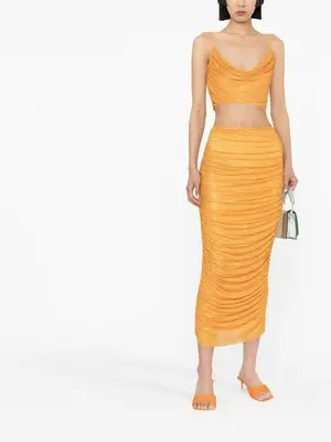 SELF-PORTRAIT Embellished Ruched Midi Skirt - Orange