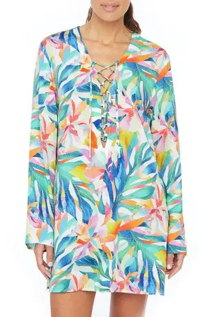 La Blanca Tropical Print Lace-up Tunic
