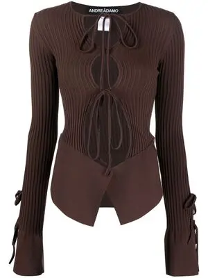 ANDREĀDAMO Tie-fastening Long-sleeve Knitted Top - Brown