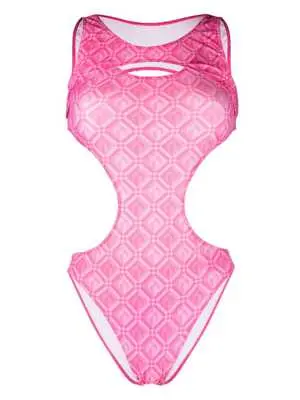 MARINE SERRE Moonogram-print Cut-out Swimsuit - Pink