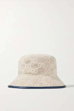 Gucci Leather-Trimmed Embroidered Cotton-Crochet Bucket Hat  display picture 2