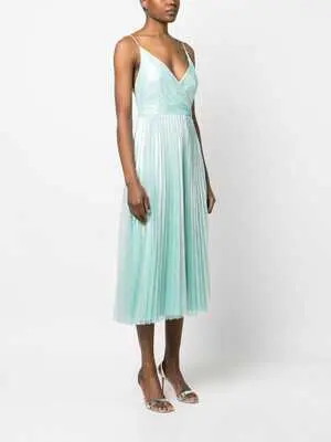 NISSA Metallic-sheen Plissé Midi Dress