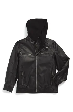 BLACK RIVET Faux Leather Hooded Jacket