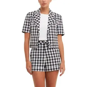 English Factory Short Sleeve Gingham Blazer - Black