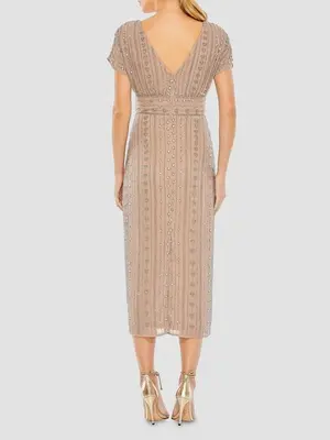 Mac Duggal Beaded Mesh Column Midi-dress