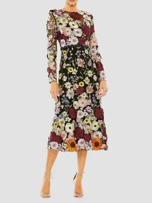 Mac Duggal Mac Floral Embroidered Midi-dress - Black Multi