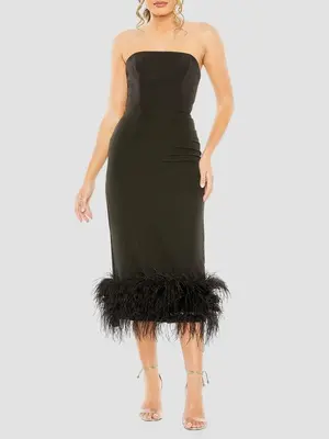 Mac Duggal Feather-trim Strapless Midi-dress - Black