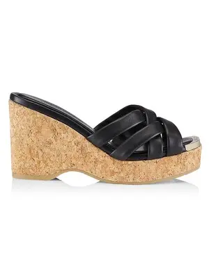 JIMMY CHOO Women's Maribou 110MM Leather Wedge Sandals - Black  - Black