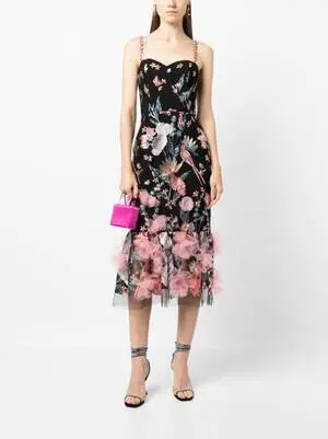 Marchesa Butterfly And Floral Appliqué Midi Dress