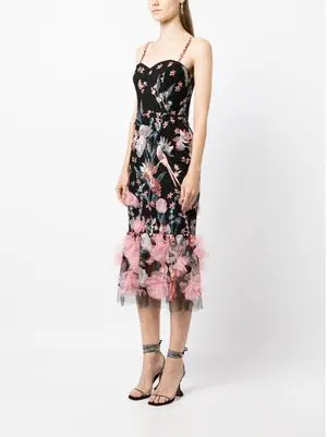 Marchesa Butterfly And Floral Appliqué Midi Dress