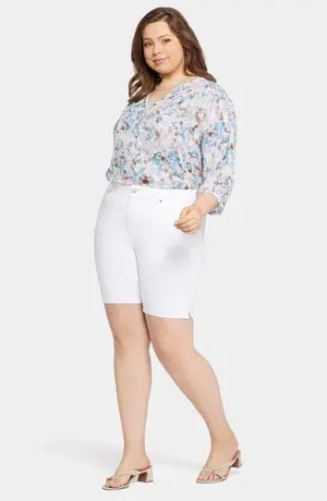 NYDJ Ella Print Side Slit Denim Shorts - Optic White
