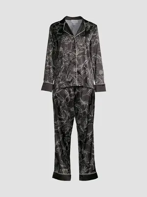 AVERIE Leaf Print Long Pajama Set - Black