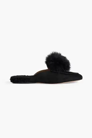 AQUAZZURA Foxy Pompomembellished Shearlinglined Suede Slippers