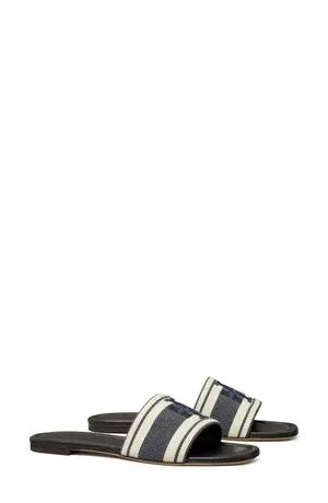 Tory Burch Double T Jacquard Slide Sandals - Blue Chiaro/ash White