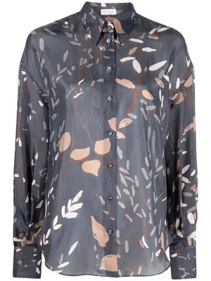 Brunello Cucinelli Leaf-print Silk Shirt - Blue